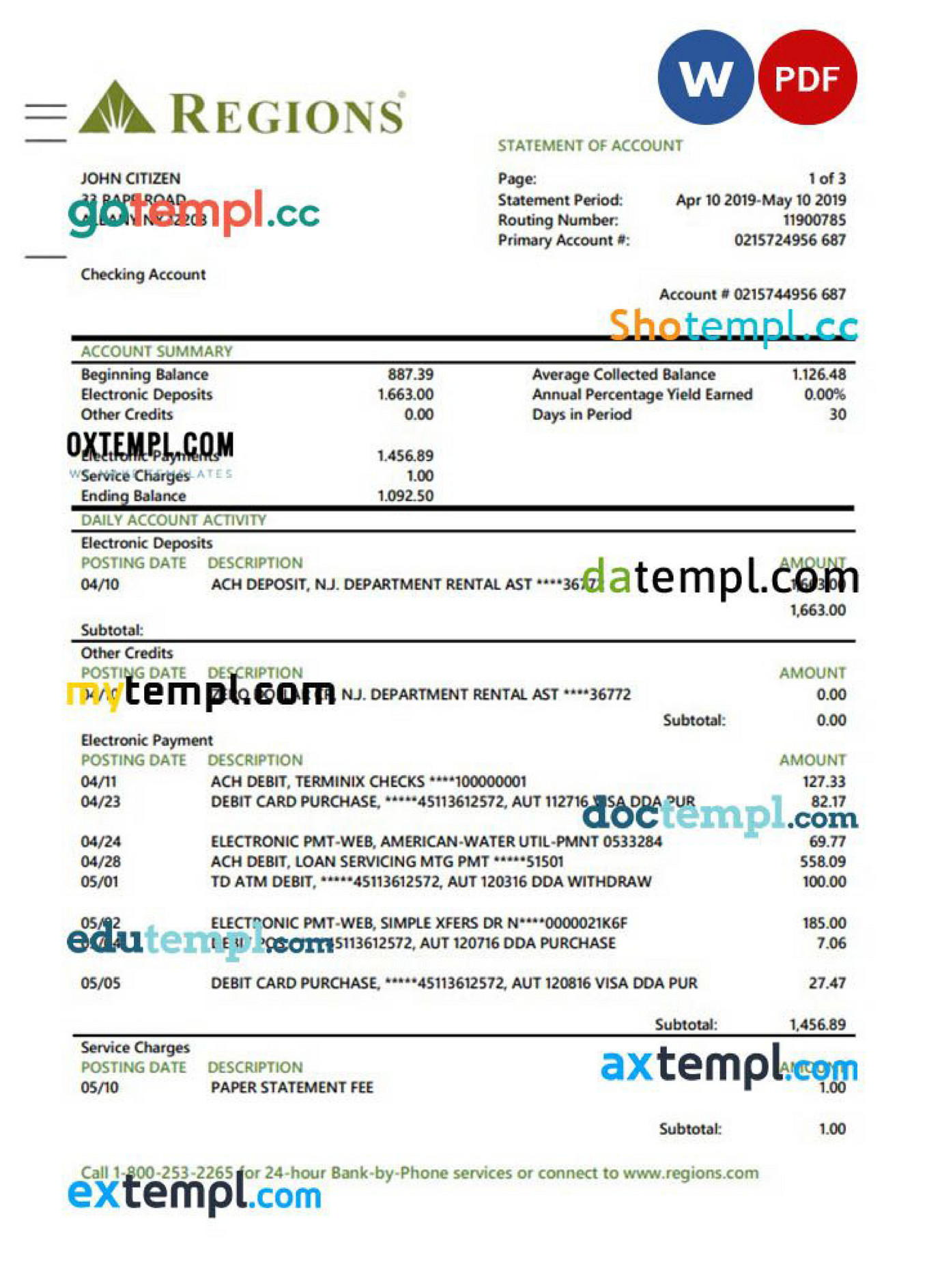 Doctempl - USA Regions bank proof of address statement template in Word ...