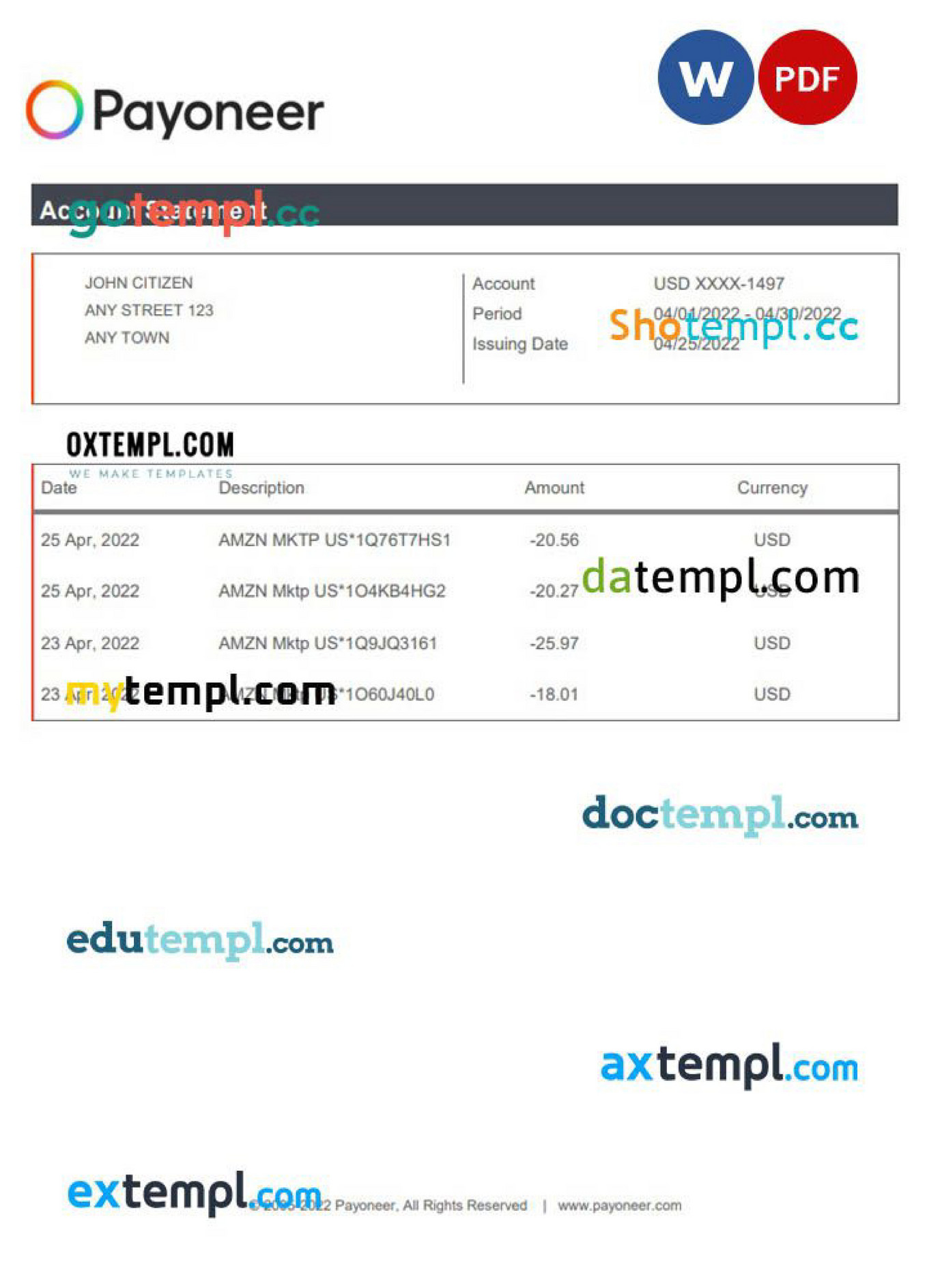 Doctempl - USA Payoneer account statement Word and PDF template - Page 1