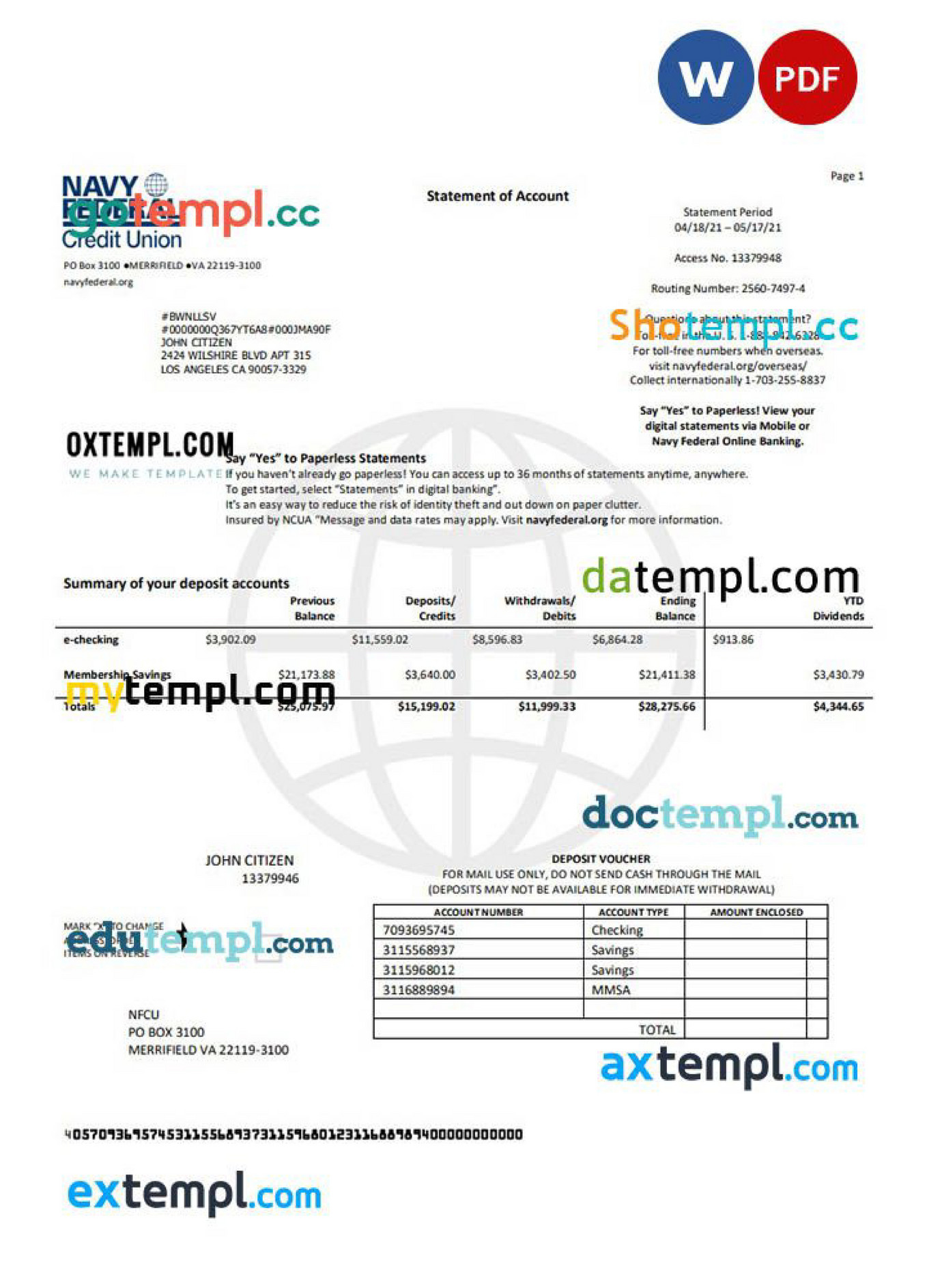 Doctempl - USA Navy Federal Union bank proof of address statement template in Word and PDF ...