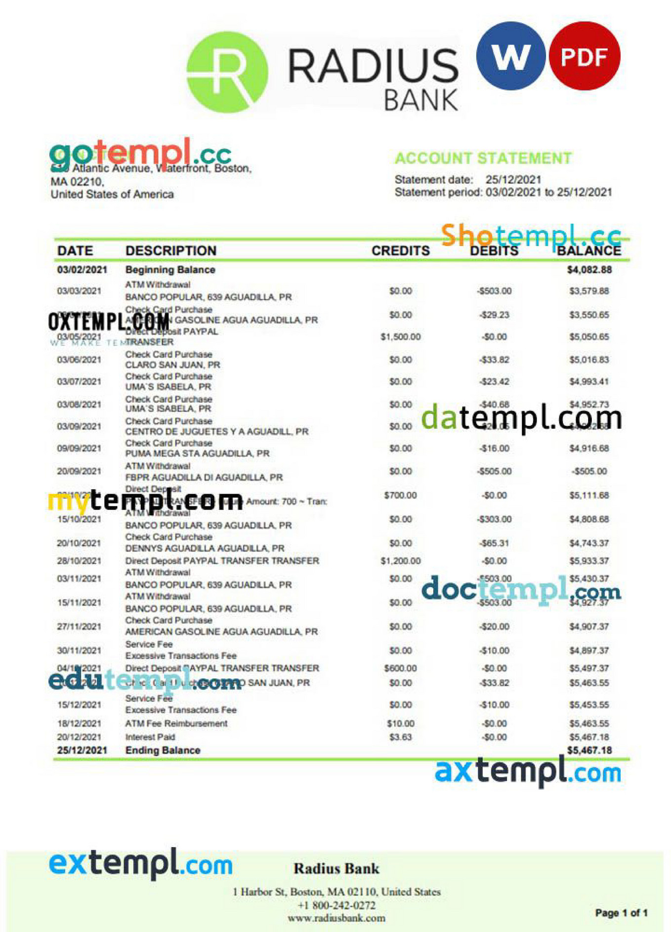 Doctempl - USA Massachusetts Radius banking statement template in Word and PDF format - Page 1