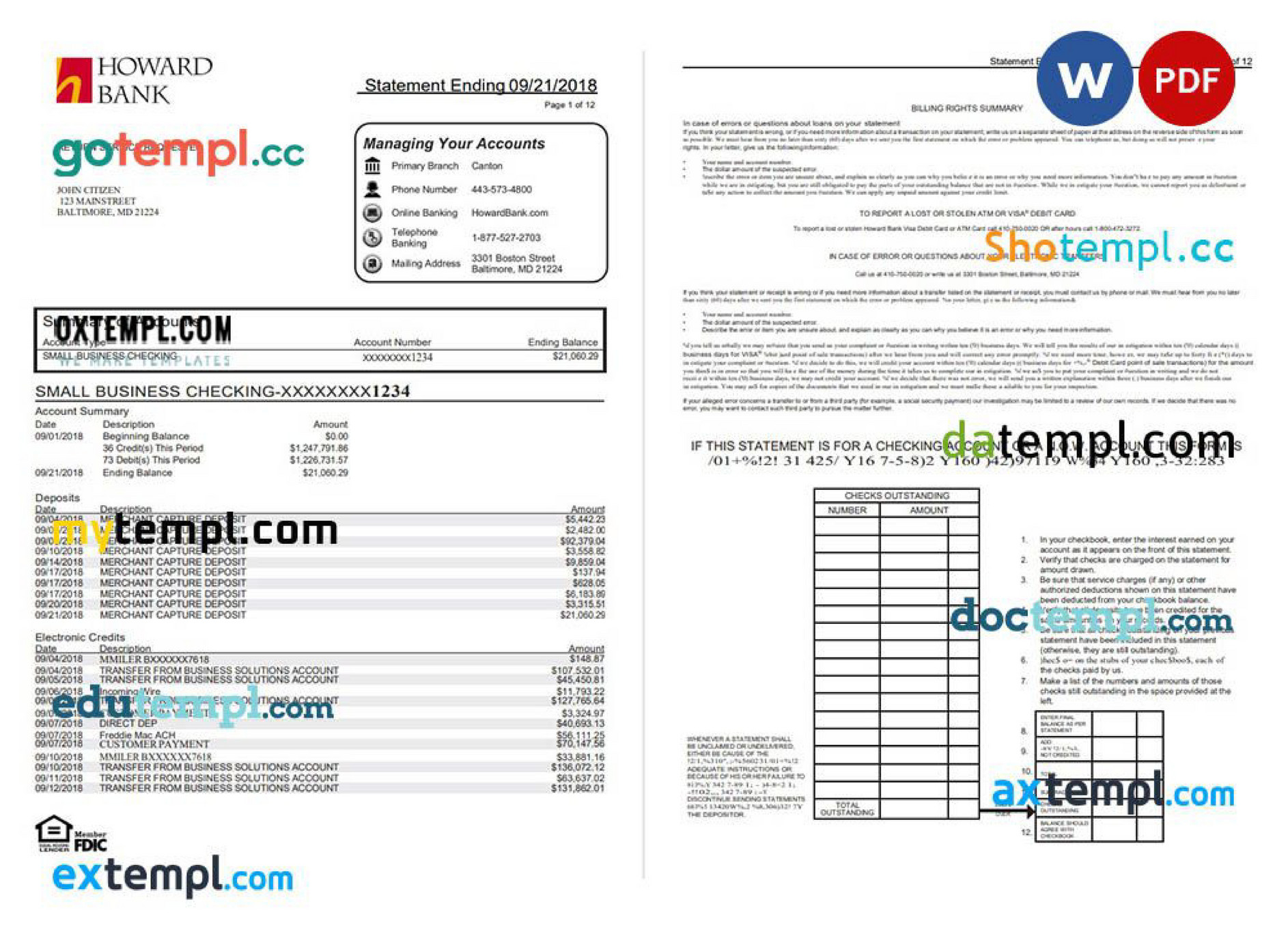 Doctempl - USA Maryland Howard Business banking statement template ...