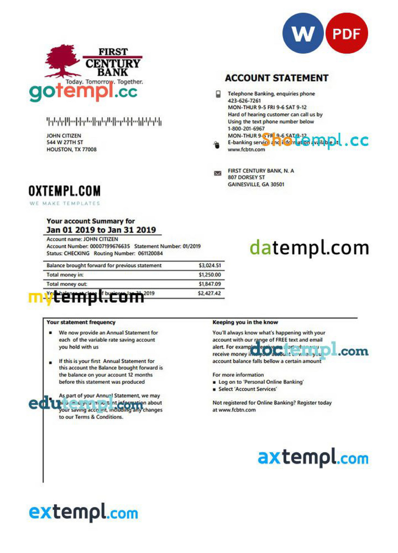 Doctempl - USA Georgia Gainesville First Century bank proof of address statement template in ...