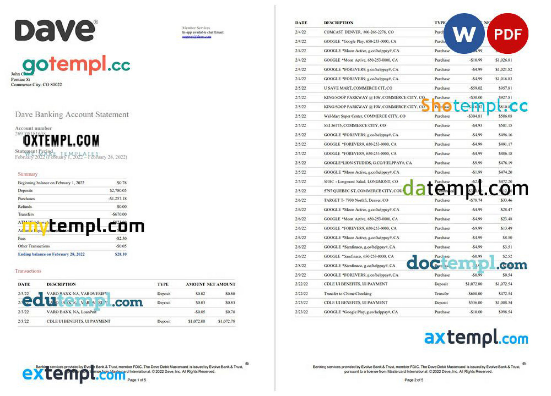 Doctempl - USA Dave bank account statement, Word and PDF template, 5 ...