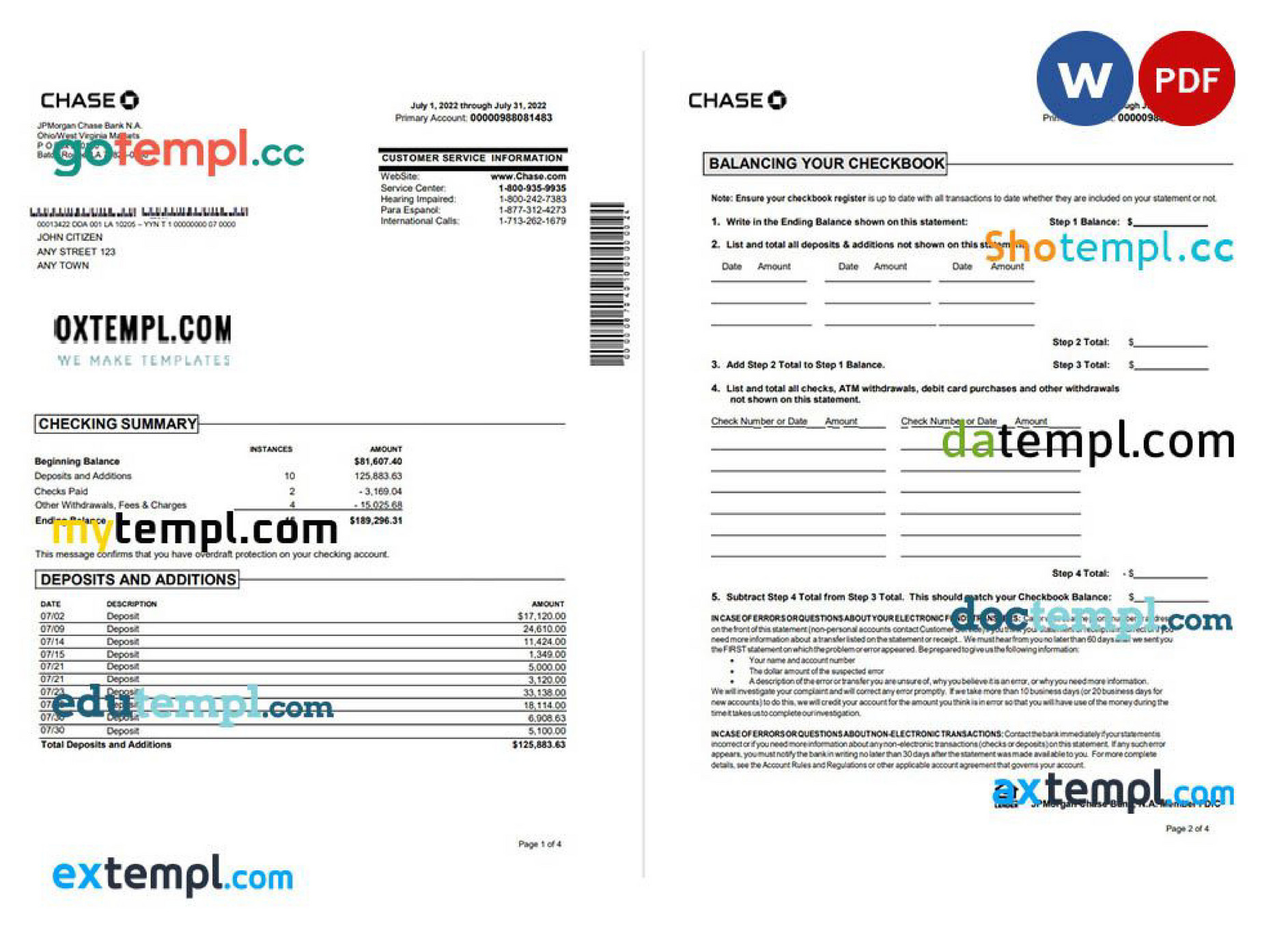 Doctempl - USA Chase banking statement Word and PDF template, 4 pages ...
