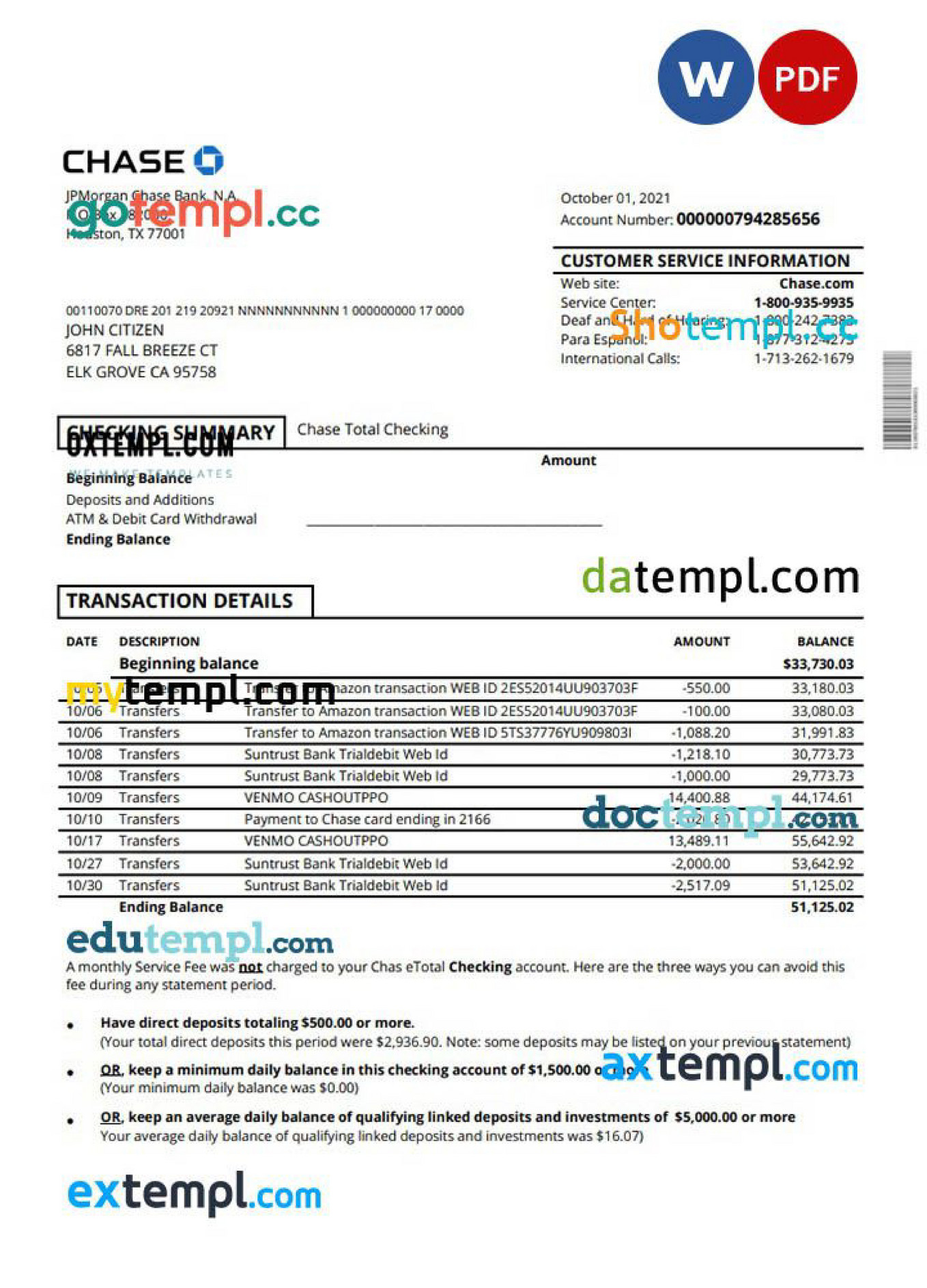 Doctempl - USA Chase account statement template in Word and PDF format ...