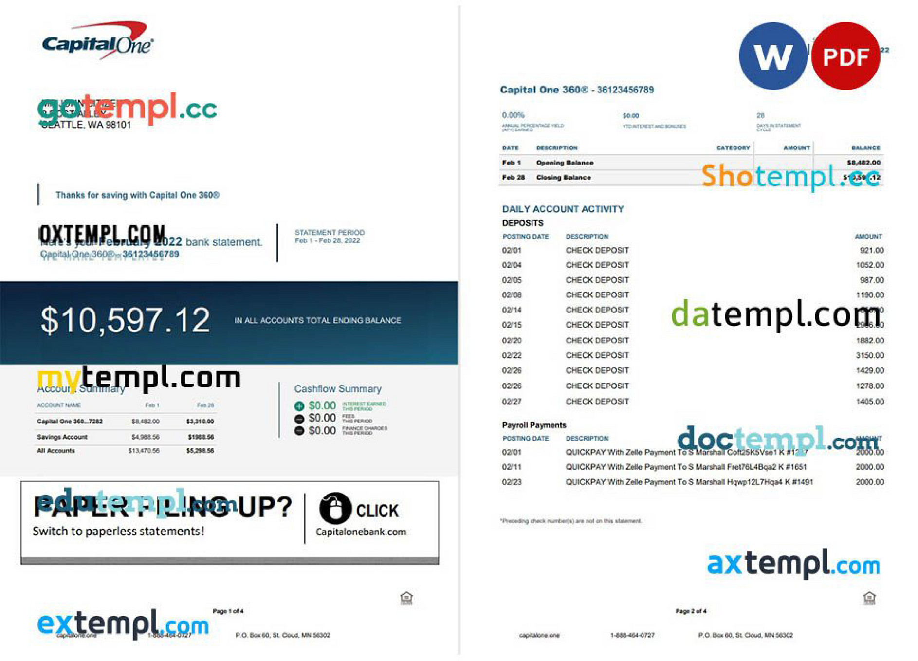 Doctempl - USA Capital One banking statement Word and PDF template, 4 pages - Page 1