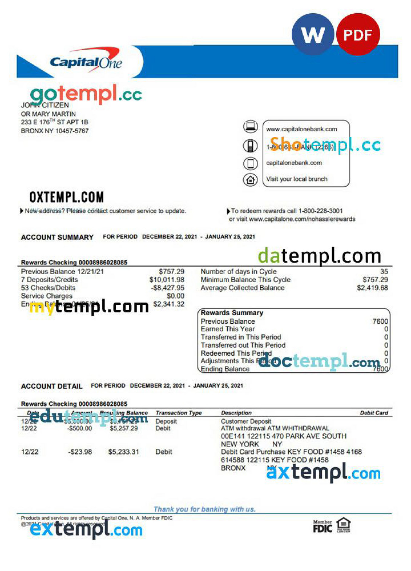 Doctempl - USA Capital One banking statement template in Word and PDF format, version 4 - Page 1