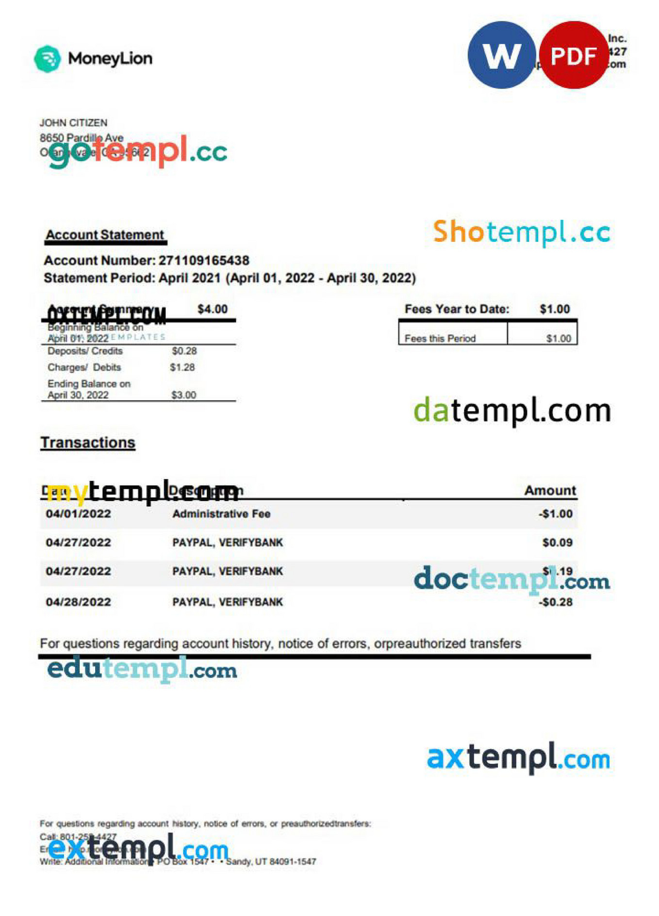 Doctempl - USA California MoneyLion banking statement, Word and PDF ...