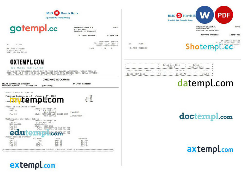 Doctempl - USA BMO Harris banking statement Word and PDF template, 3 pages - Page 1