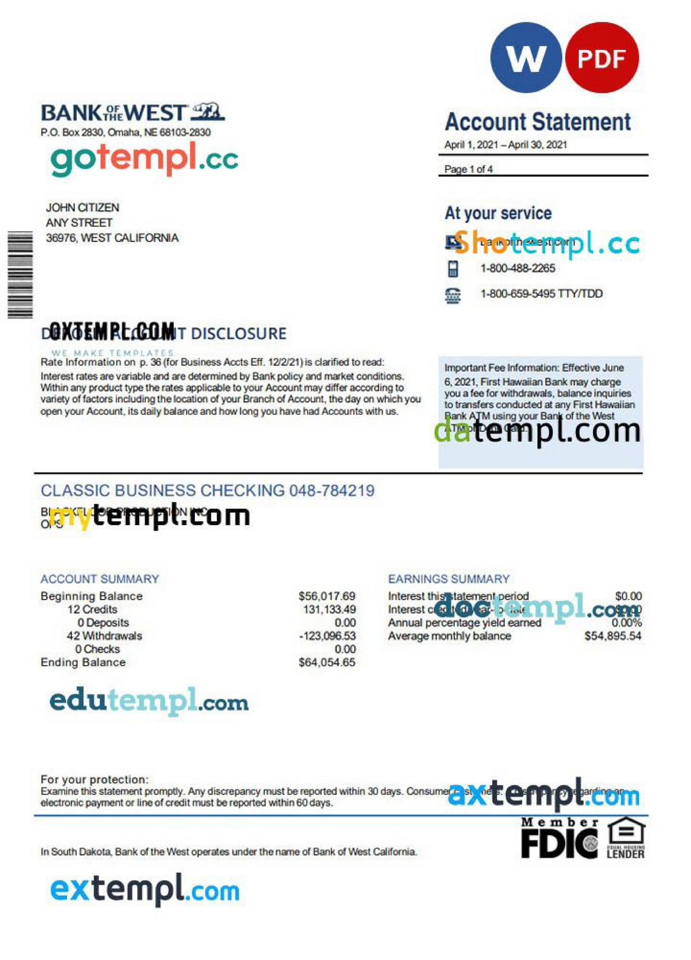 Doctempl - USA Bank of the West banking statement template in Word and ...