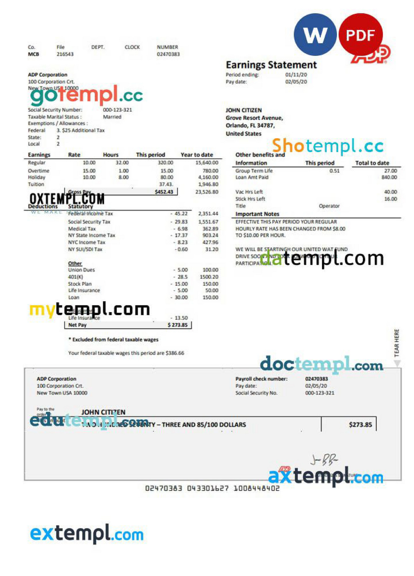 Doctempl - USA ADP Earnings statement template in Word and PDF format ...