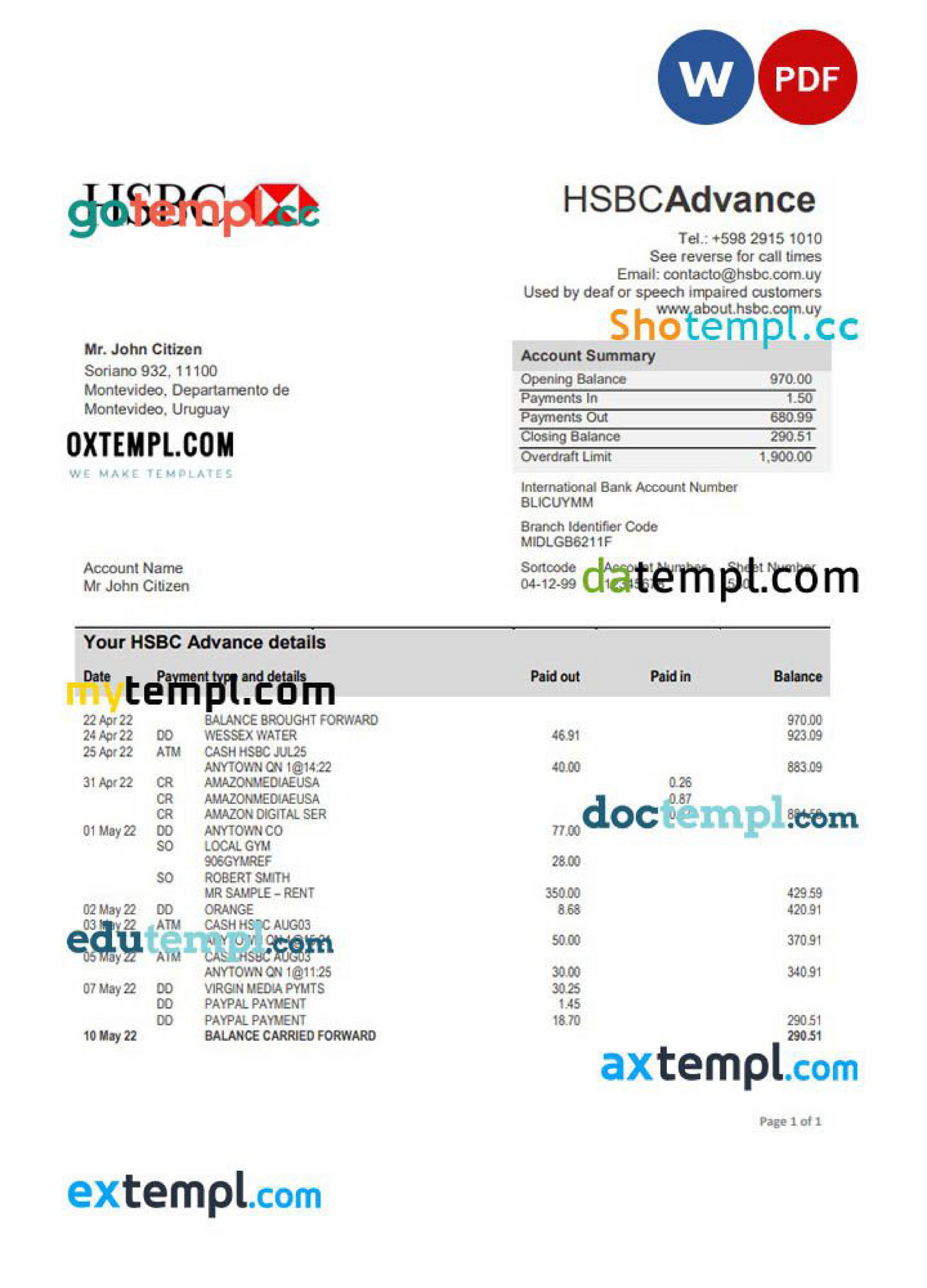 Doctempl - Uruguay HSBC banking statement template in Word and PDF ...