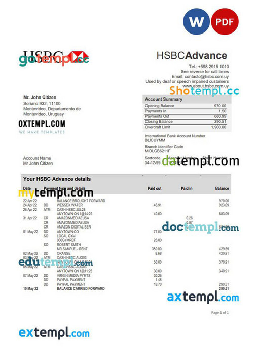 Doctempl - Uruguay HSBC banking statement template in Word and PDF format - Page 1