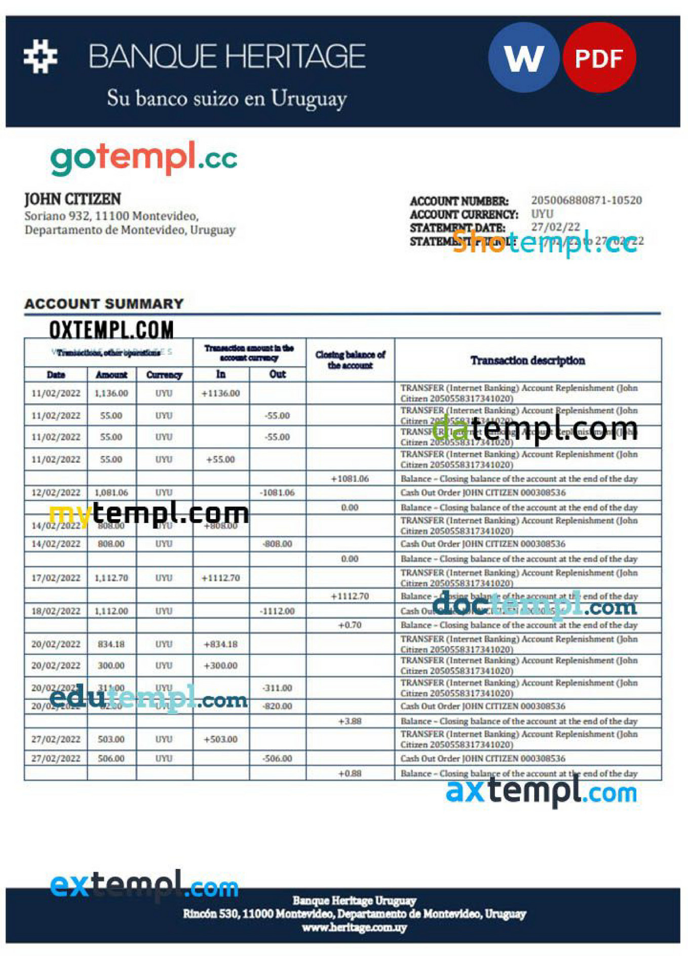 Doctempl - Uruguay Banque Heritage banking statement template in Word and PDF format - Page 1