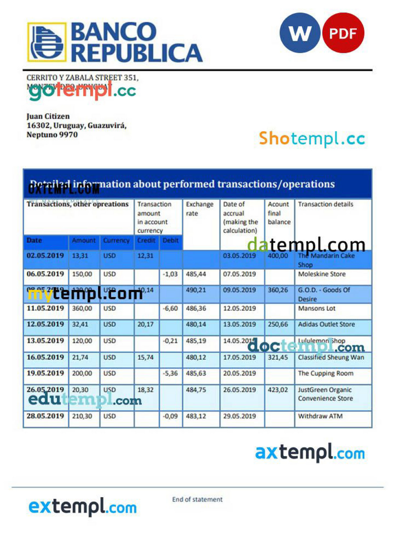 Doctempl - Uruguay Banco de la República Oriental del Uruguay banking statement template in Word ...