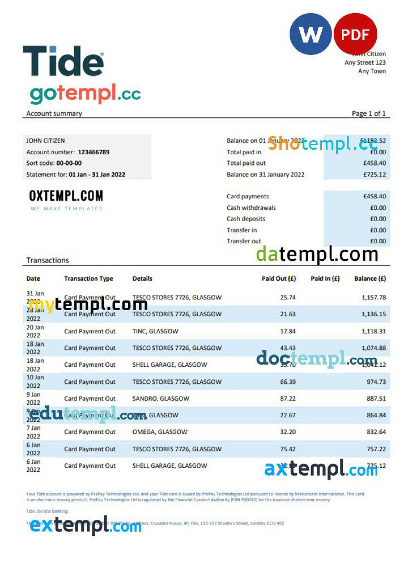 Doctempl - United Kingdom Tide banking statement, Word and PDF template ...