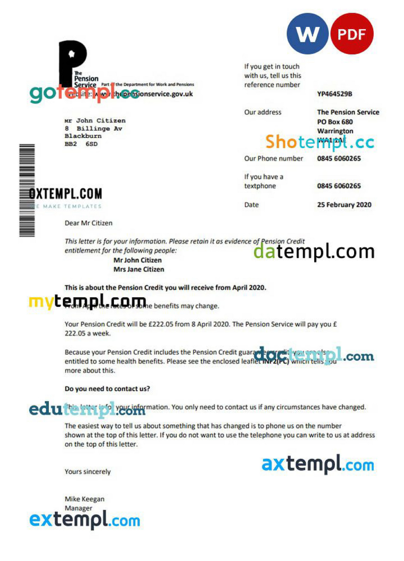 Doctempl - United Kingdom The Pension Service bank proof of address statement template in Word ...