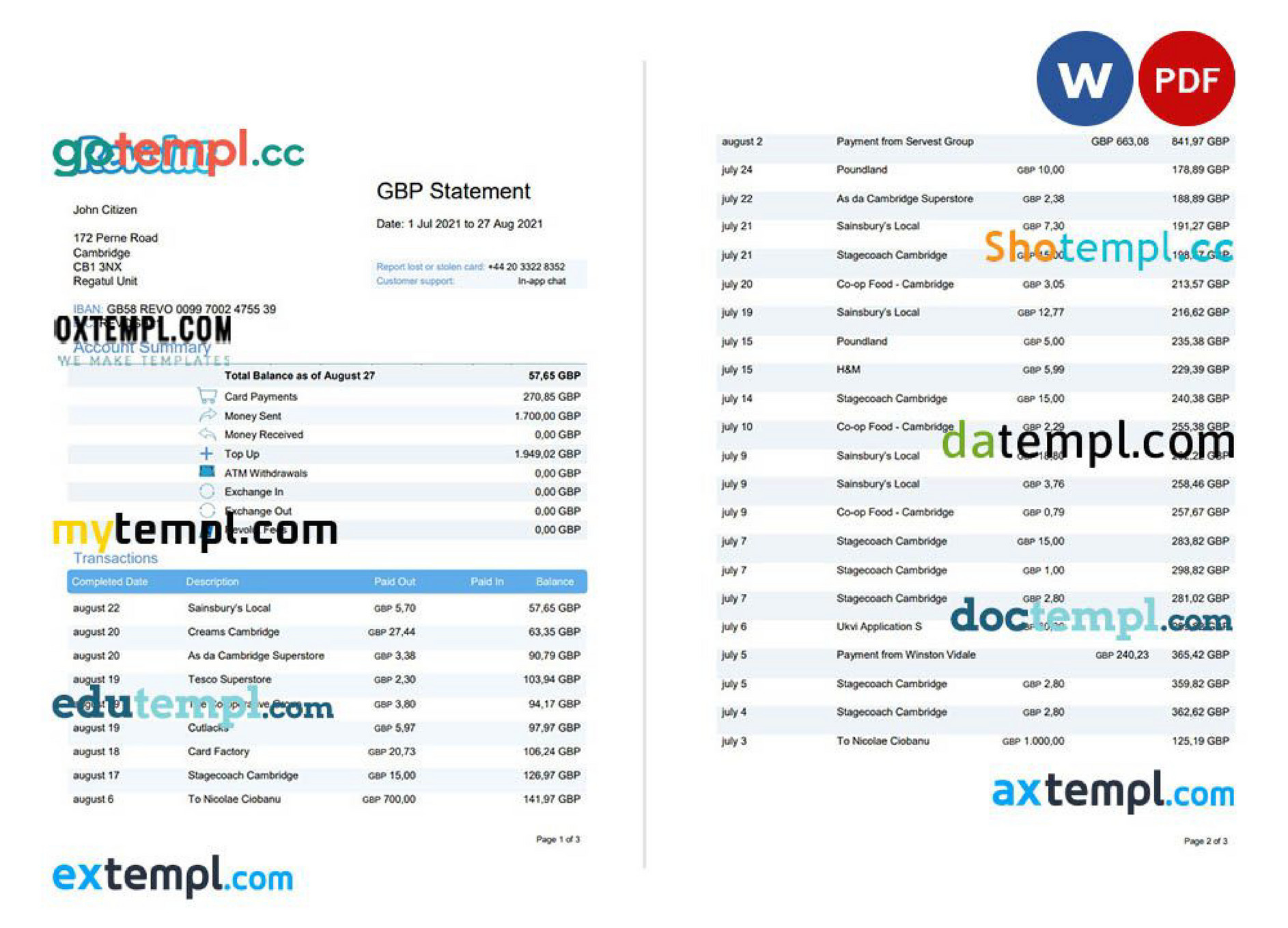 Doctempl - United Kingdom Revolut banking statement template in Word ...