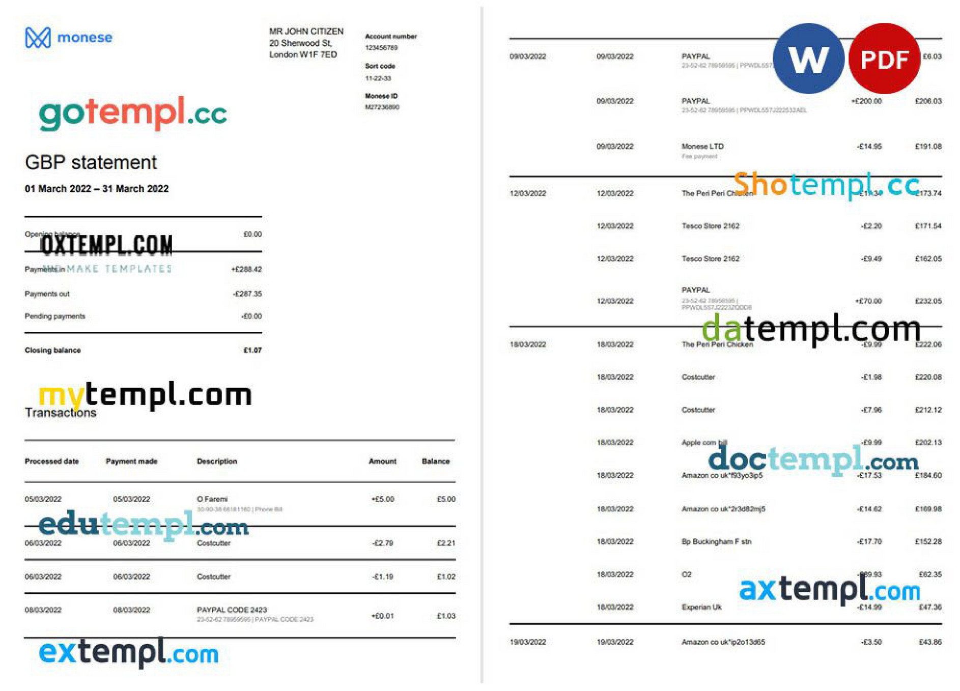 Doctempl - United Kingdom Monese banking statement Word and PDF ...