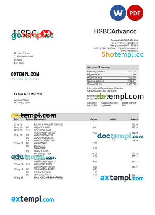 Doctempl - United Kingdom HSBC banking statement template in Word and PDF format - Page 1