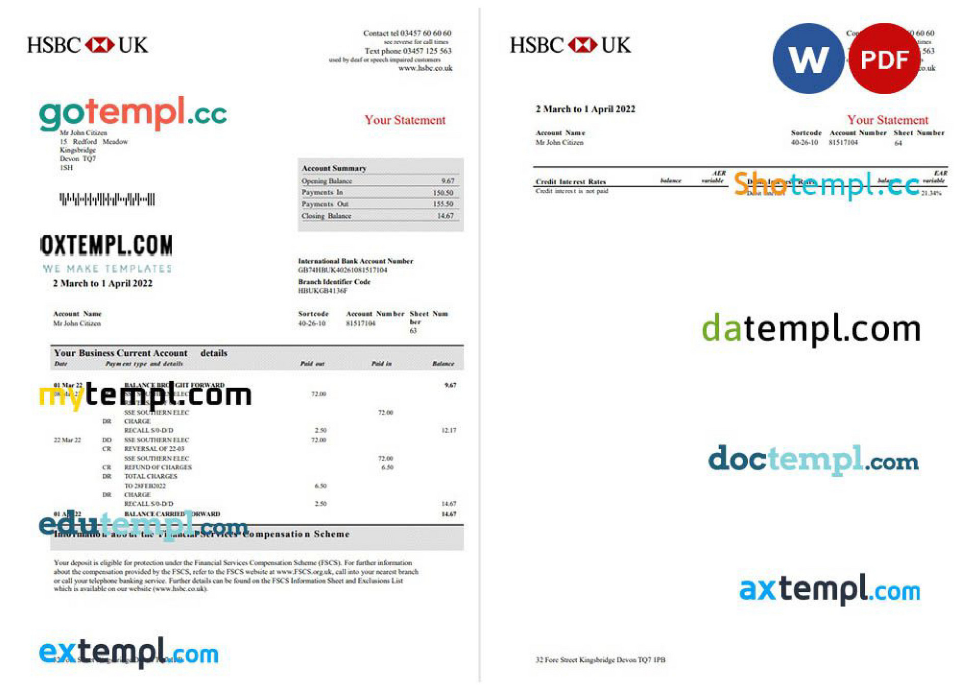 Doctempl - United Kingdom HSBC bank business account statement Word and ...