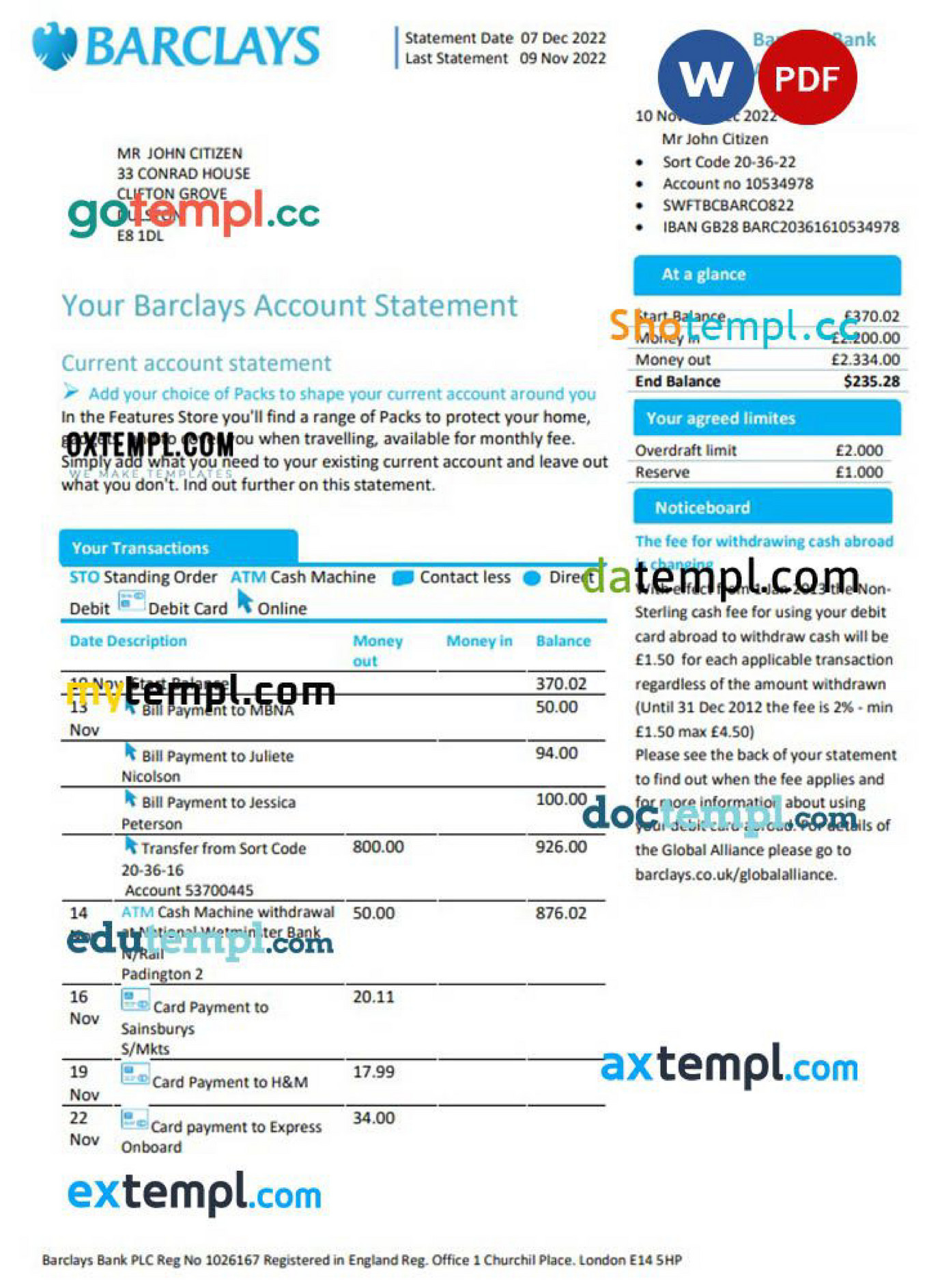 Doctempl - United Kingdom Barclays bank account statement template in ...