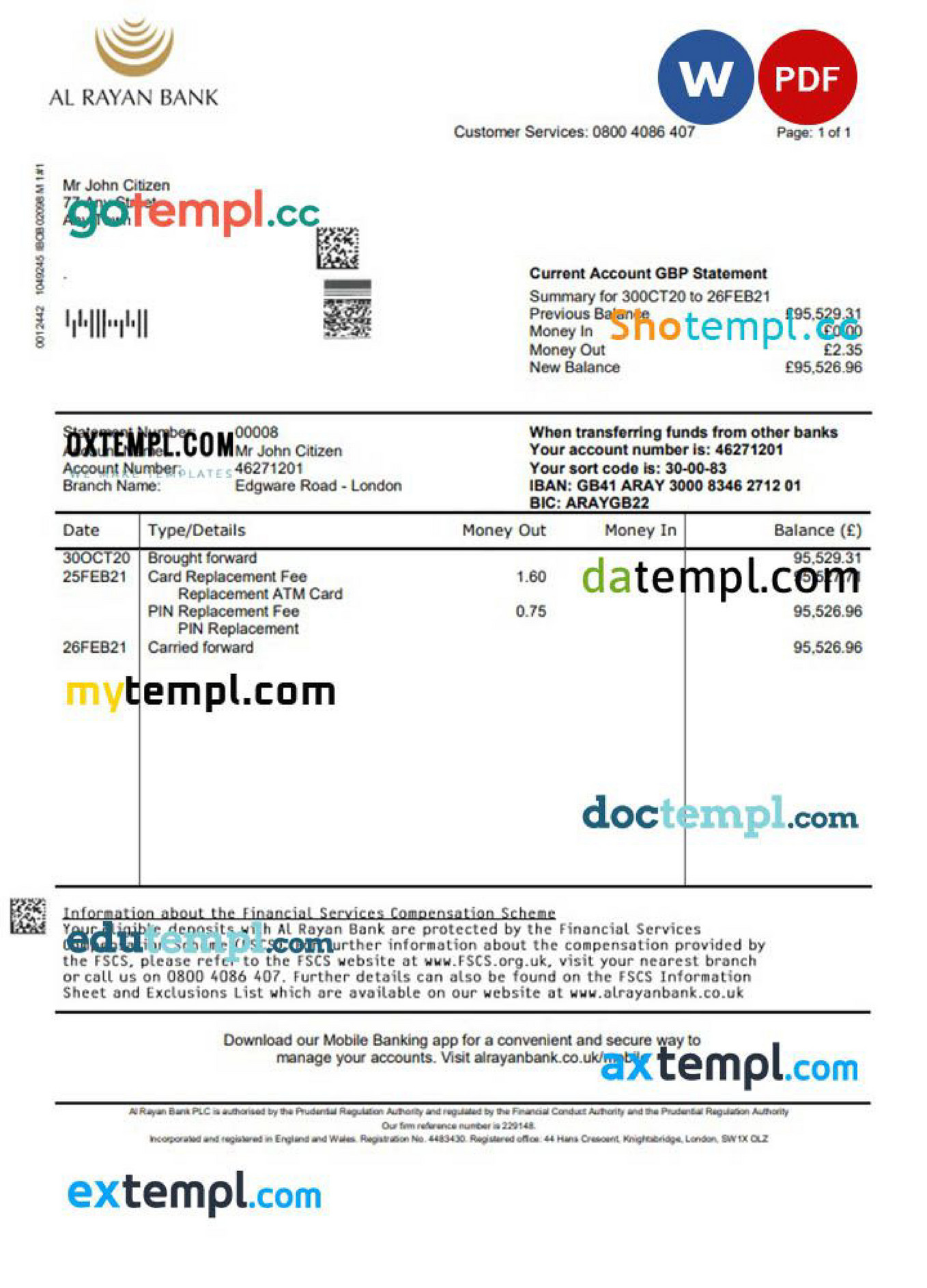 Doctempl - United Kingdom Al Rayan banking statement template in Word and PDF format - Page 1
