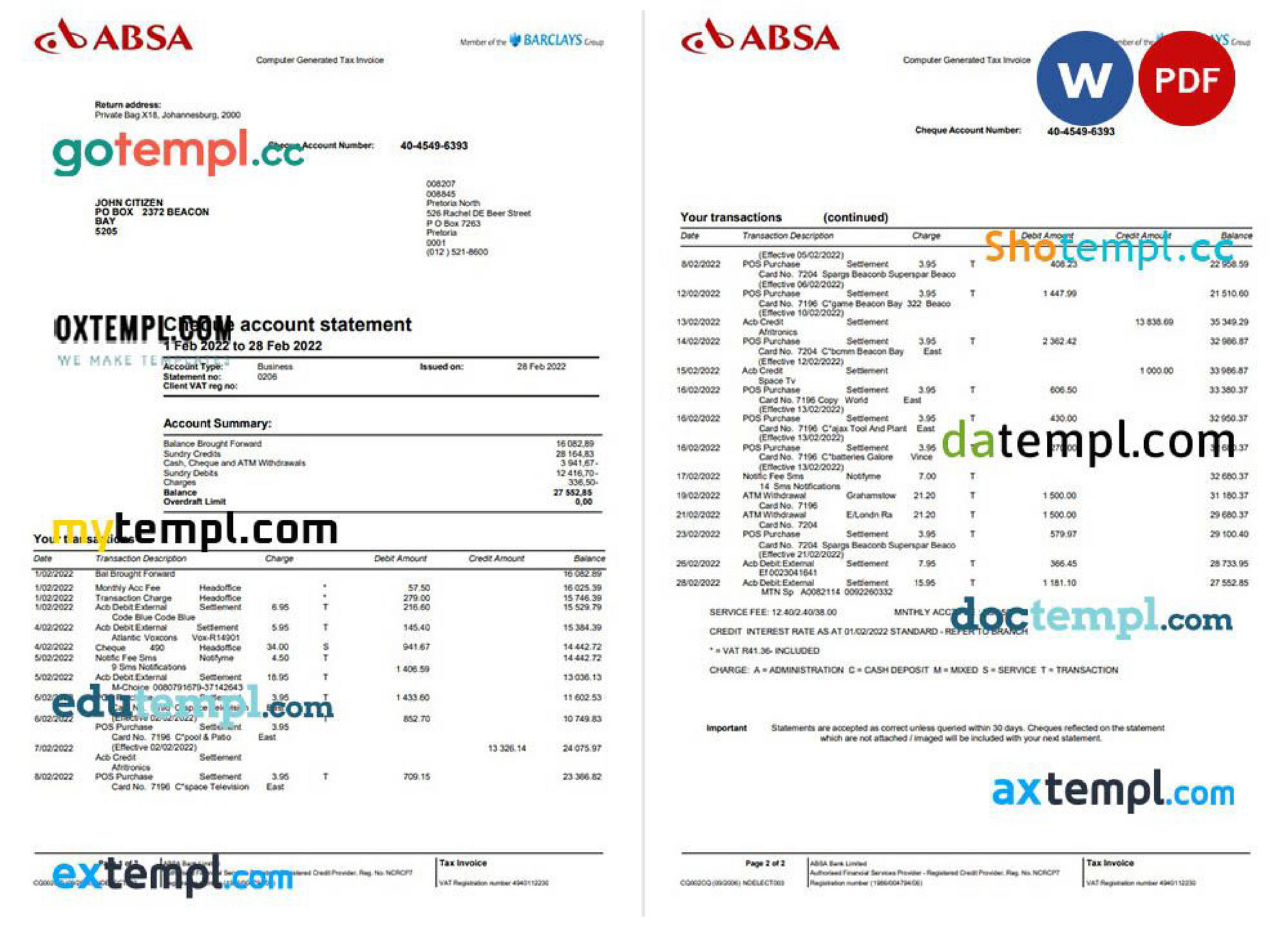Doctempl - United Kingdom Absa banking statement, Word and PDF template, 2 pages - Page 1