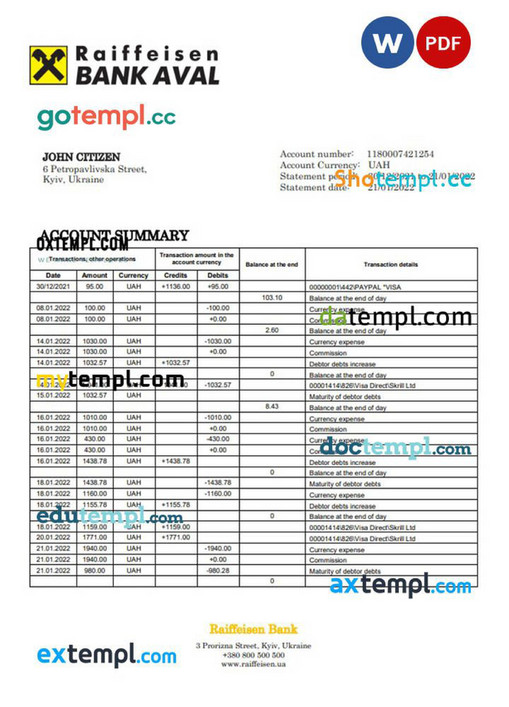 Doctempl - Ukraine Raiffeisen banking statement template, Word and PDF format (.doc and .pdf ...