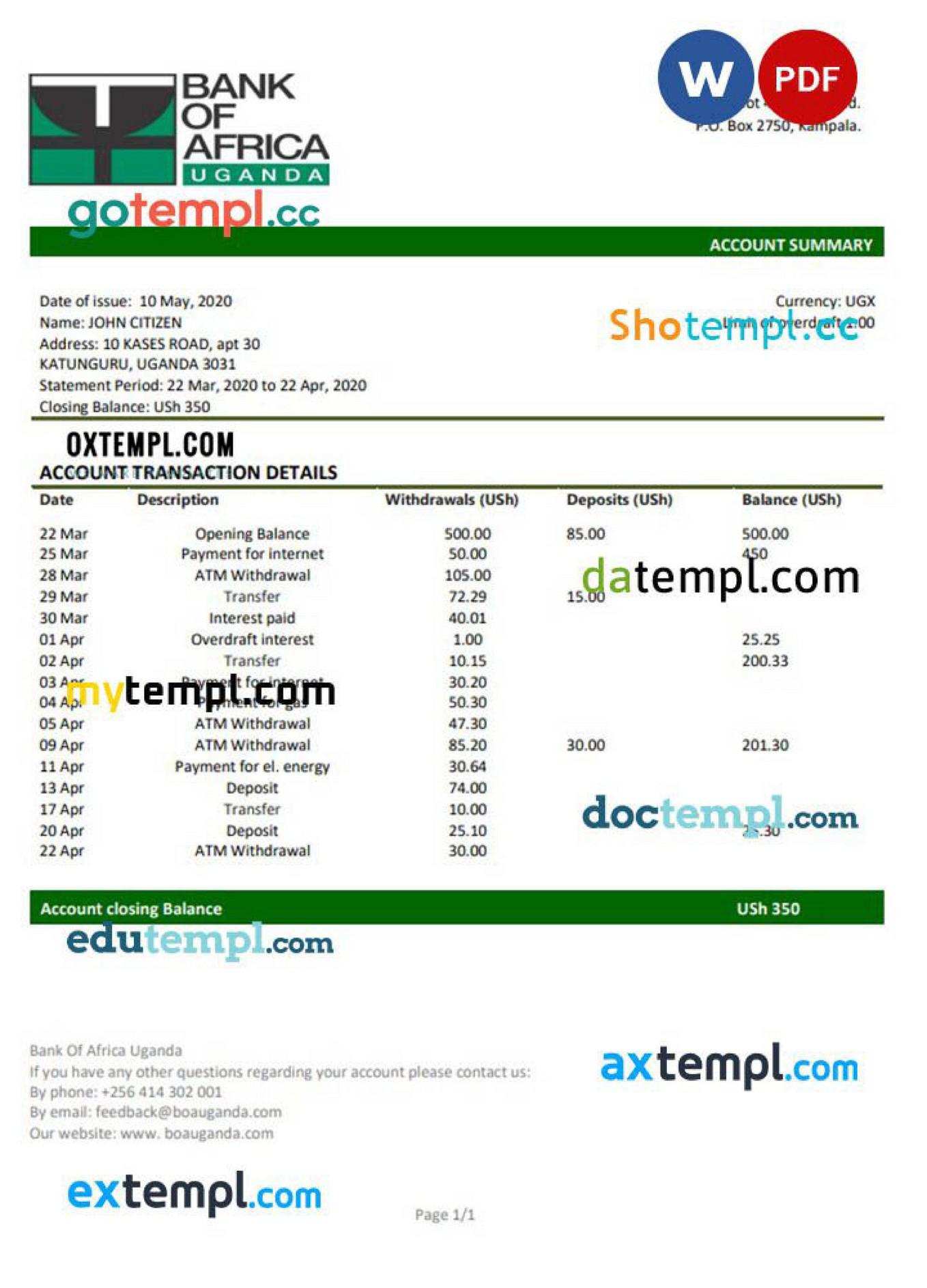 Doctempl - Uganda Bank of Africa proof of address banking statement template in Word and PDF ...