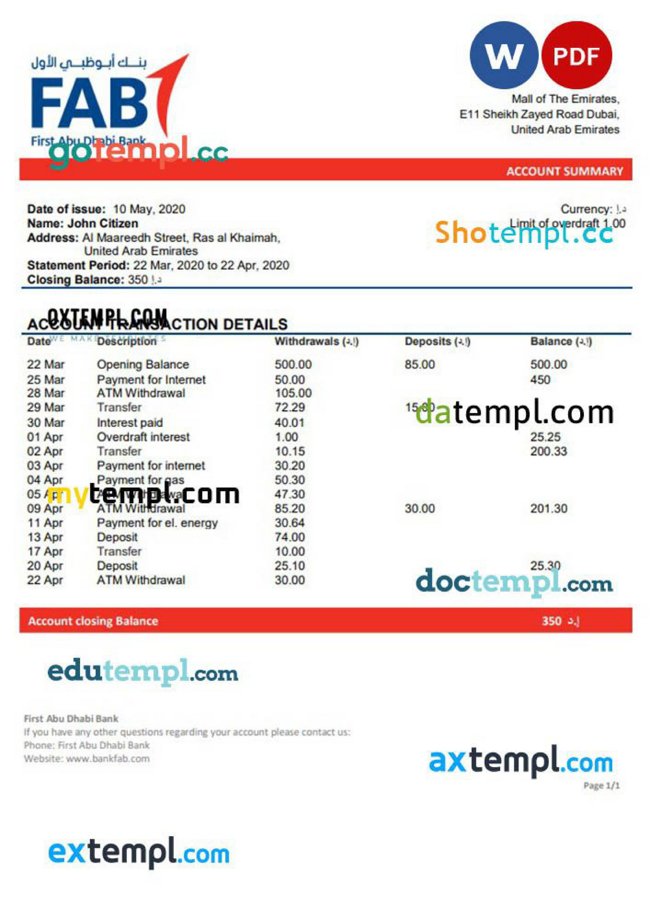 Doctempl - UAE First Abu Dhabi banking statement easy to fill template in Word and PDF format ...