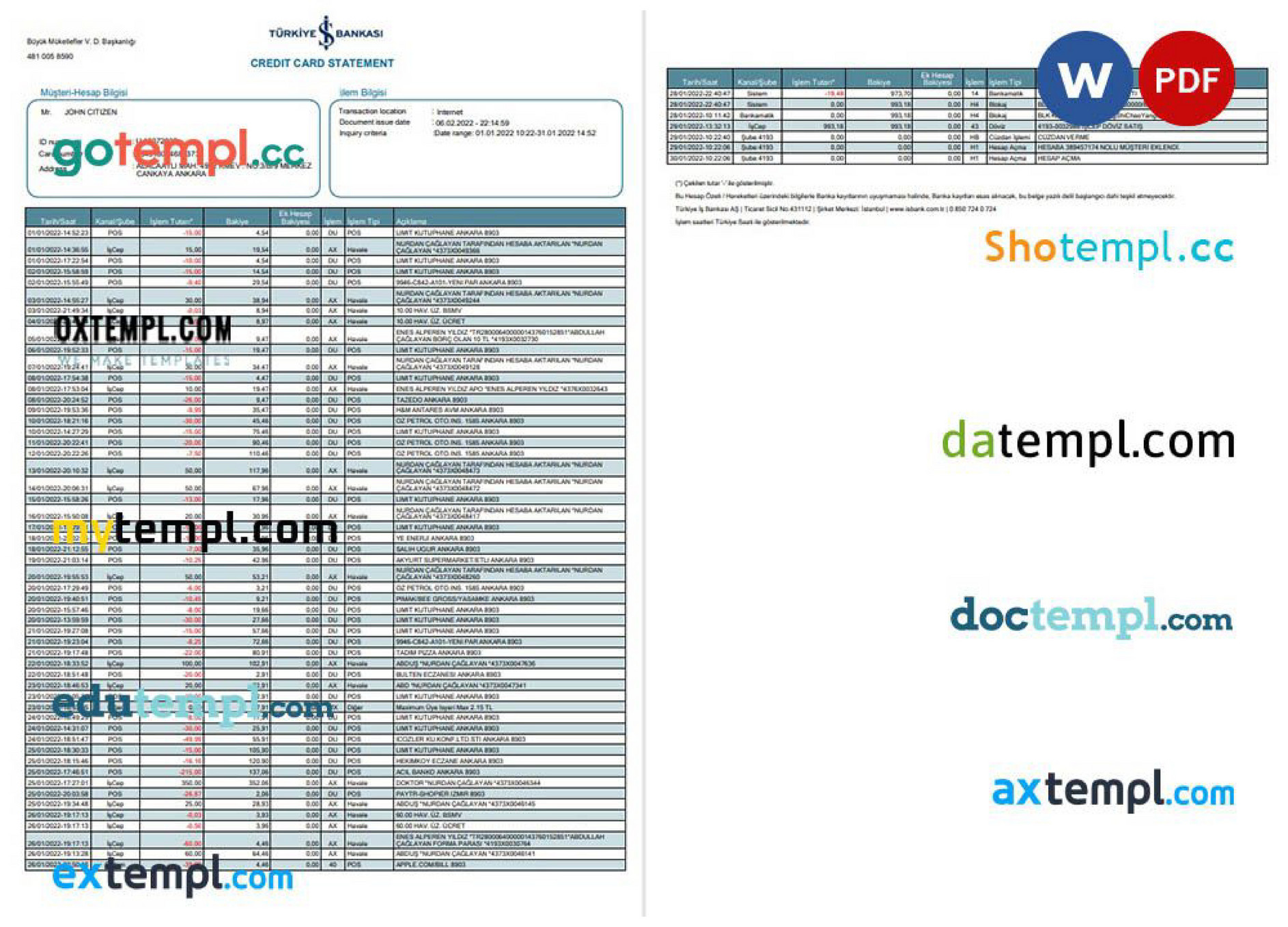 Doctempl - Turkey Bankasi banking statement, Word and PDF template, 2 ...