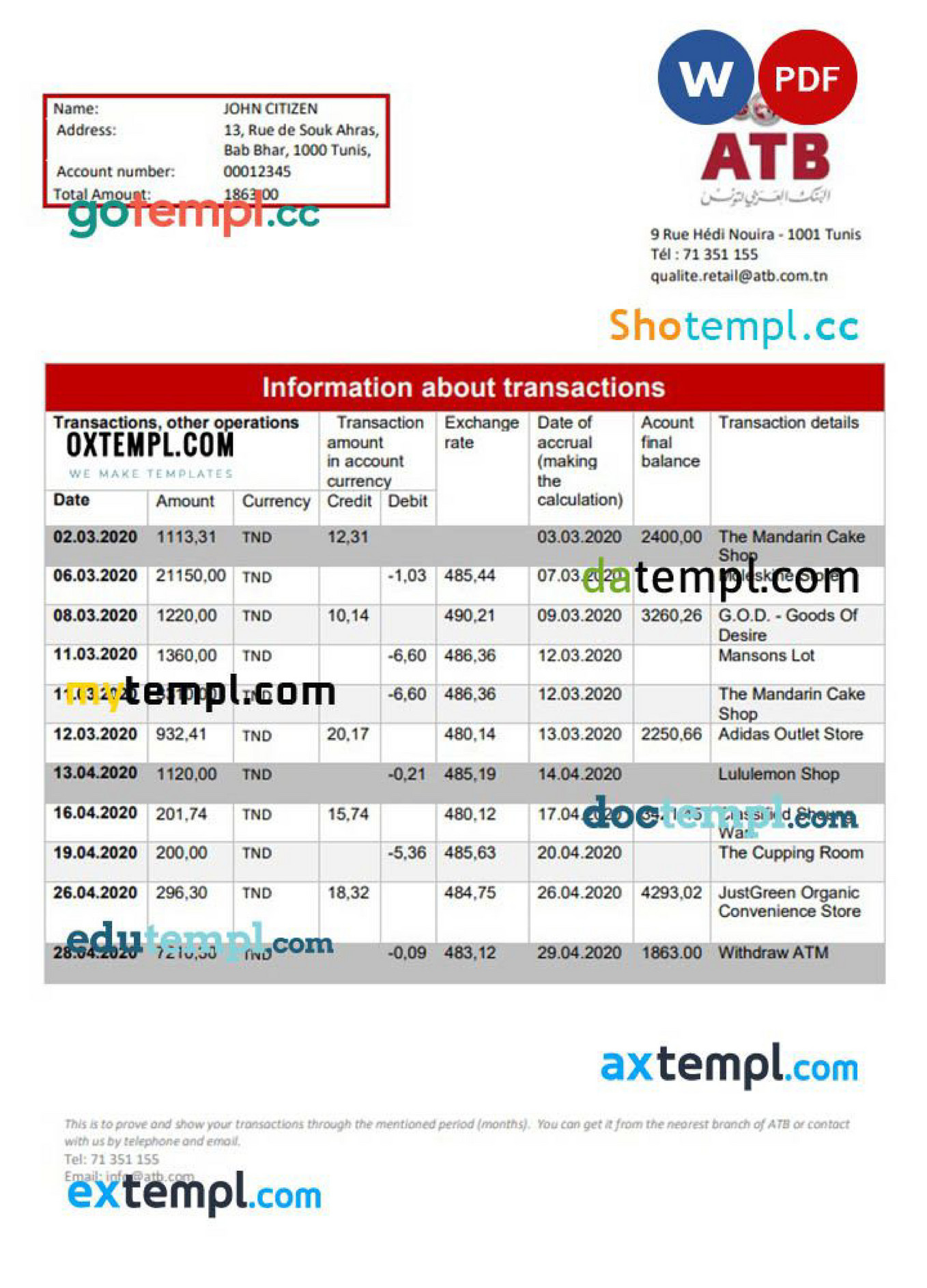 Doctempl - Tunisia ATB bank proof of address statement template in Word and PDF format (.doc and ...