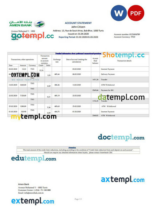 Doctempl - Tunisia Amen banking statement easy to fill template in Word and PDF format - Page 1
