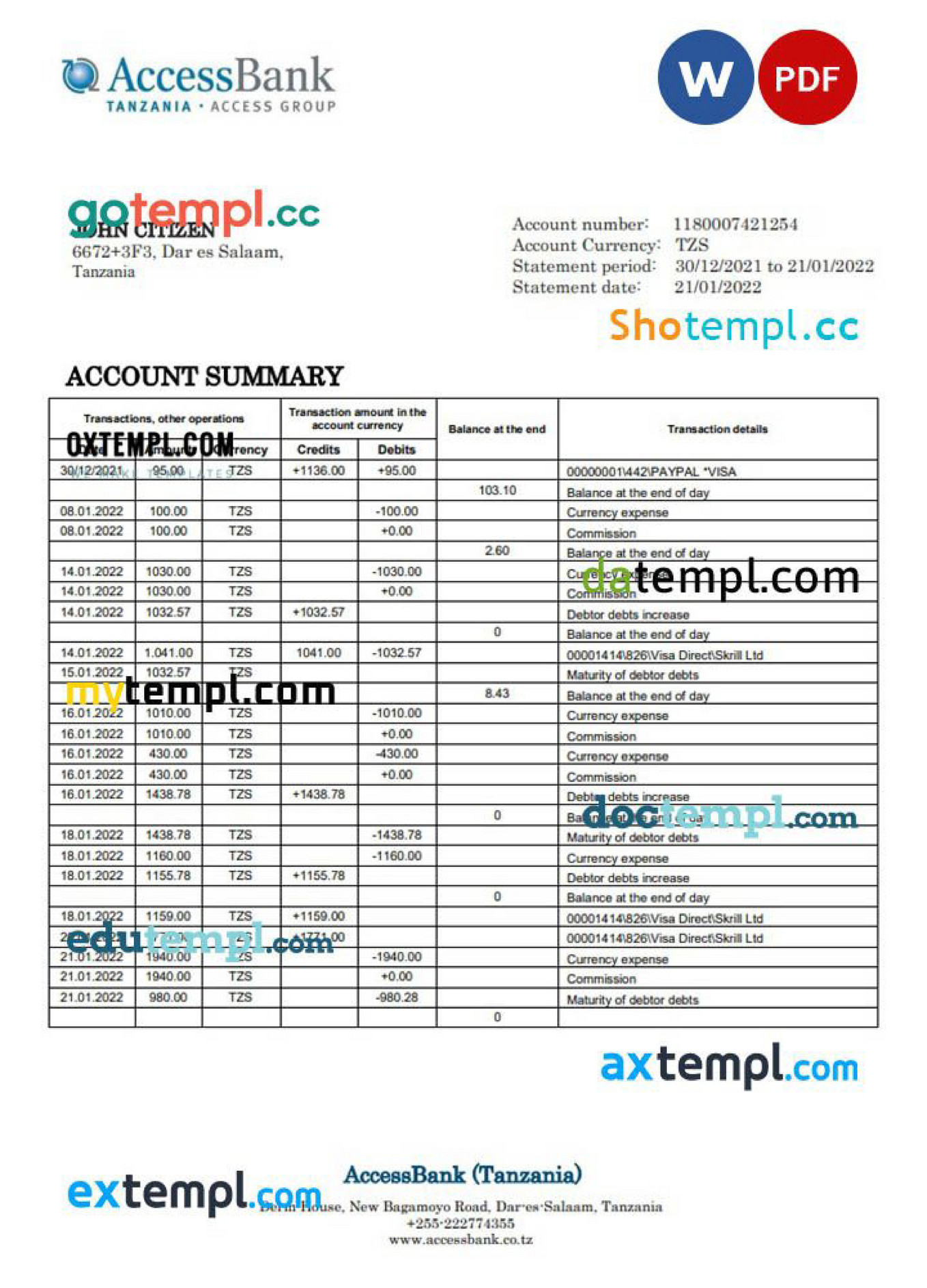 Doctempl - Tanzania Access banking statement template in Word and PDF ...