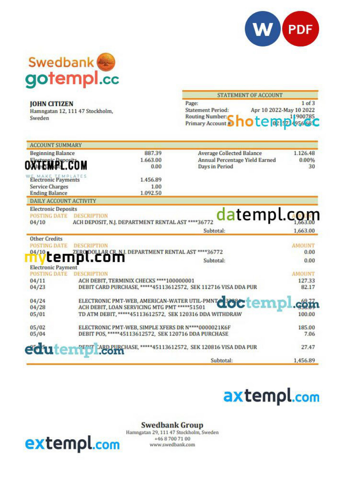 Doctempl - Sweden Swedbank banking statement template in Word and PDF ...
