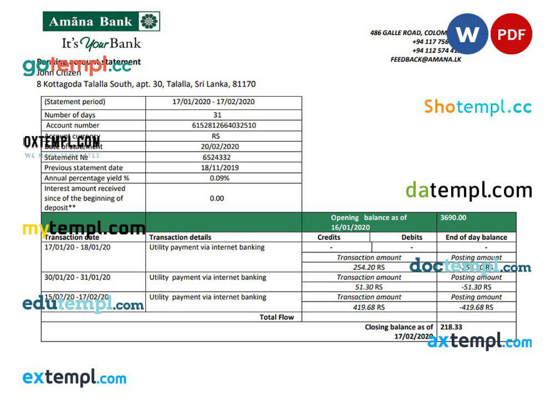 Doctempl - Sri Lanka Amana bank proof of address statement template in Word and PDF format - Page 1