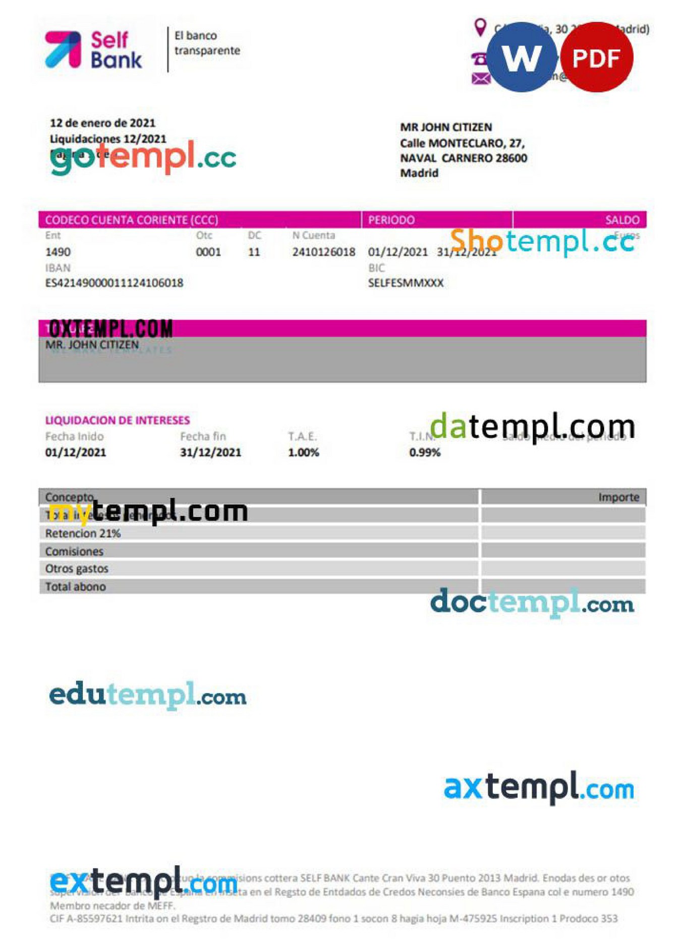 Doctempl - Spain Self Bank proof of address statement template in Word ...