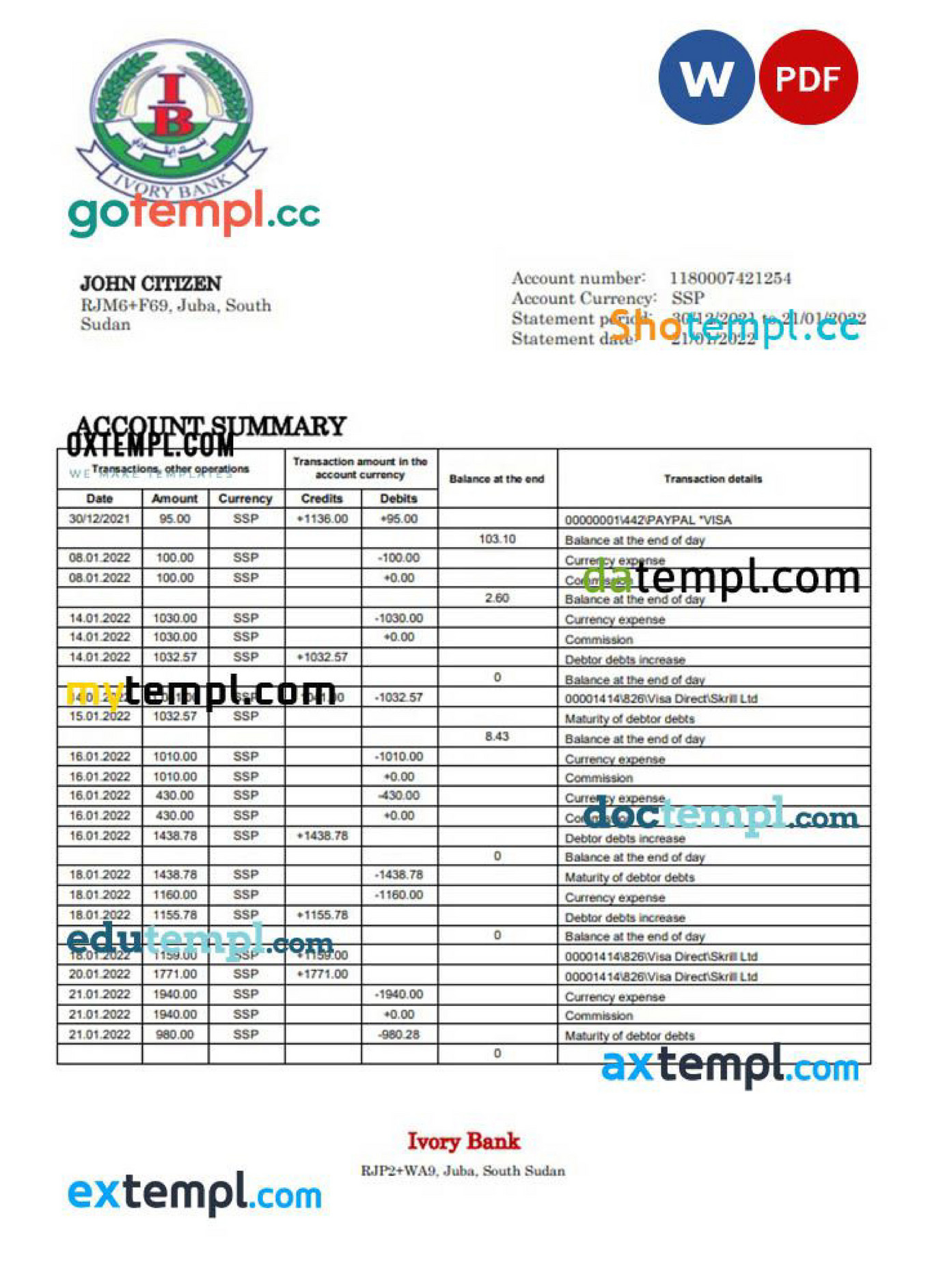 Doctempl - South Sudan Ivory Bank banking statement template in Word ...
