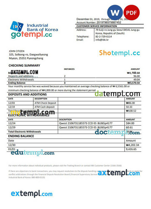 Doctempl - South Korea Industrial Bank of Korea banking statement template in Word and PDF ...