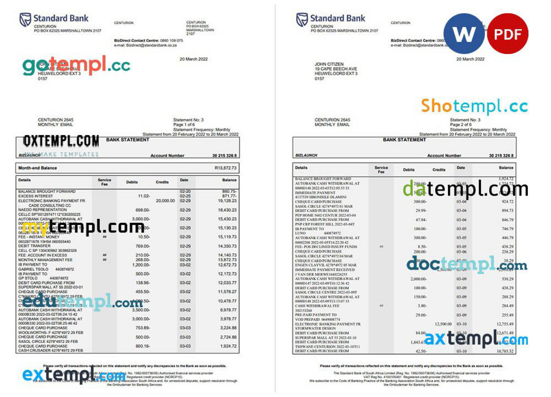 Doctempl - South Africa Standard banking statement, Word and PDF template, 6 pages - Page 1