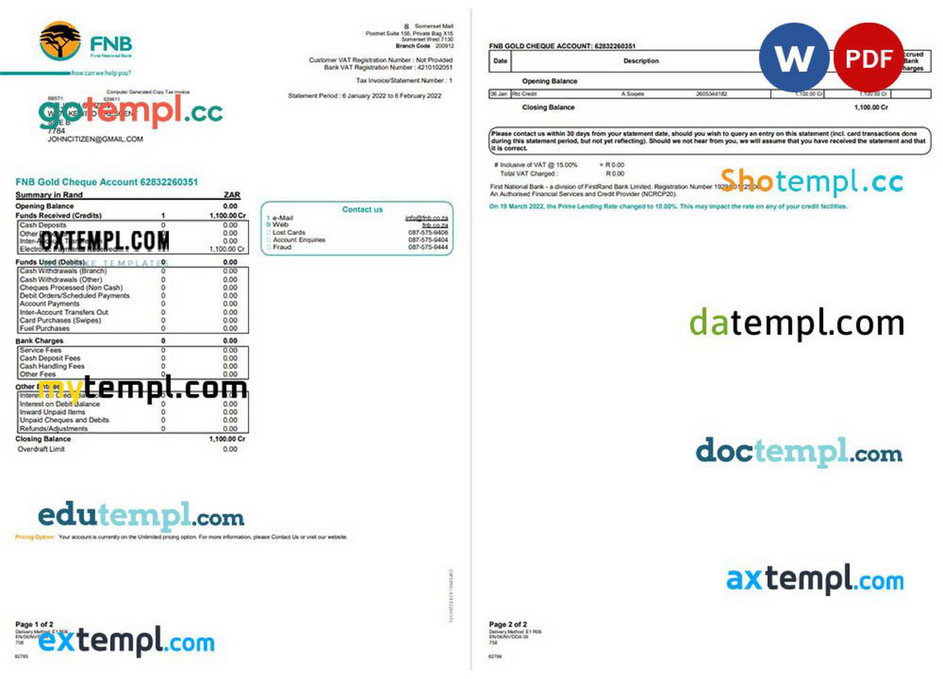 Doctempl - South Africa First National Bank (FNB) banking statement, Word and PDF template, 2 ...