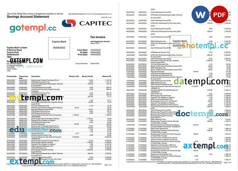 Doctempl - South Africa Capitec bank savings account statement, Word and PDF template, 4 pages ...