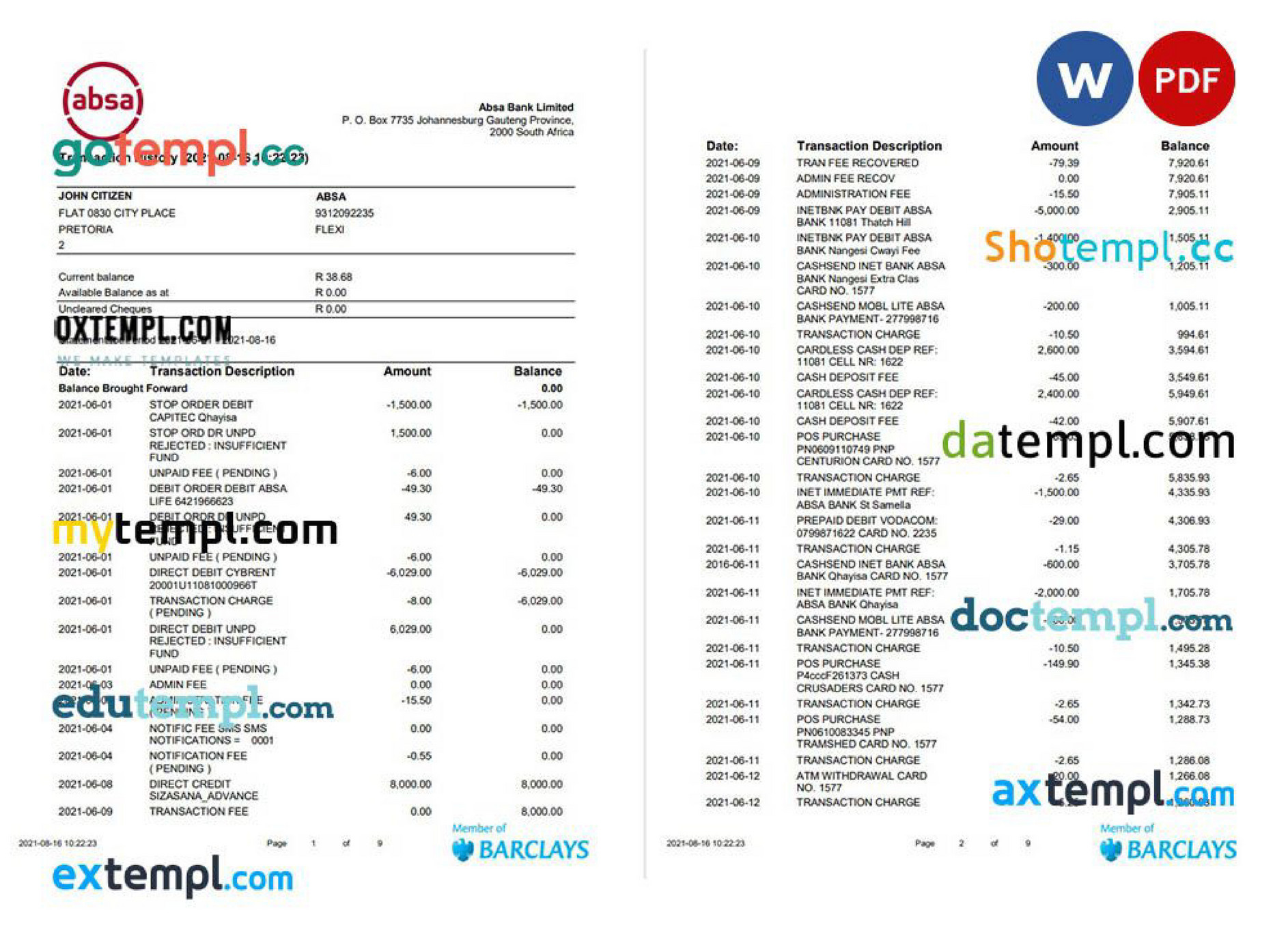 Doctempl - South Africa ABSA banking statement easy to fill template in Word and PDF format (9 ...