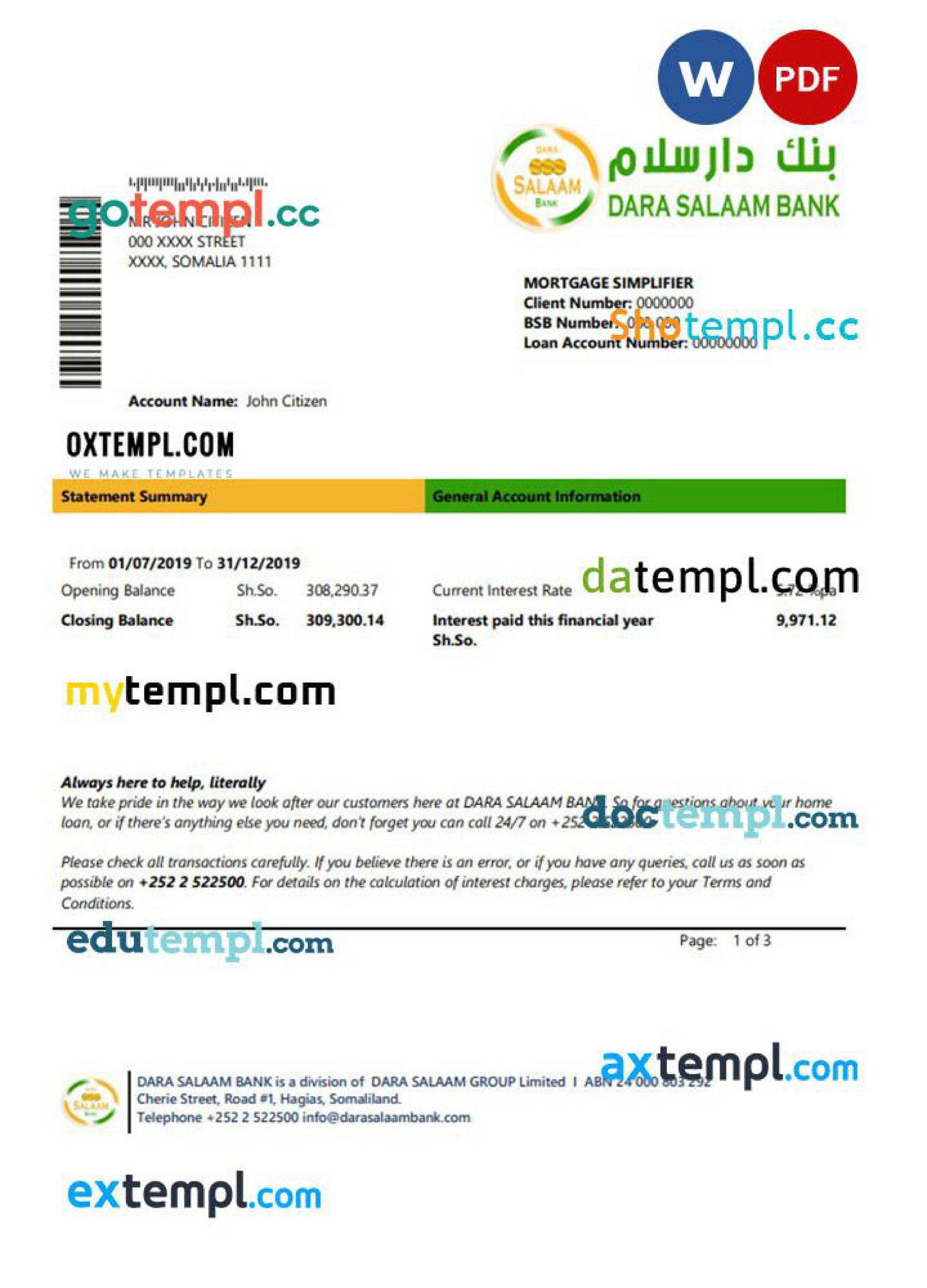 Doctempl - Somalia Dara Salaam banking statement template in Word and PDF format, good for ...
