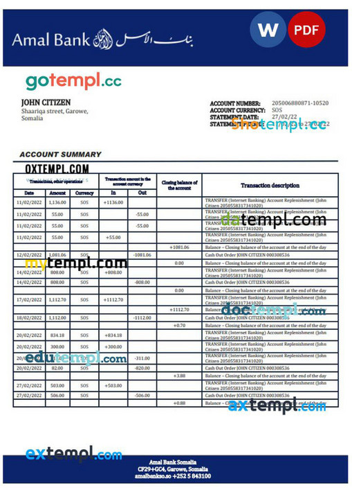 Doctempl - Somalia Amal banking statement template in Word and PDF format - Page 1
