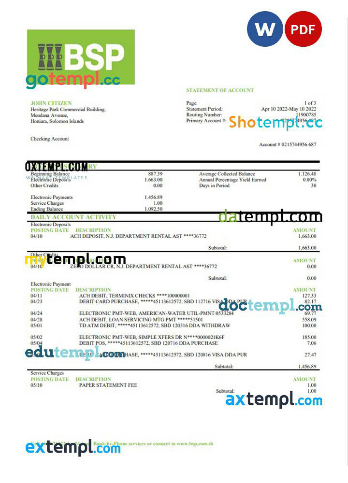 Doctempl - Solomon Islands BSP banking statement template in Word and PDF format - Page 1