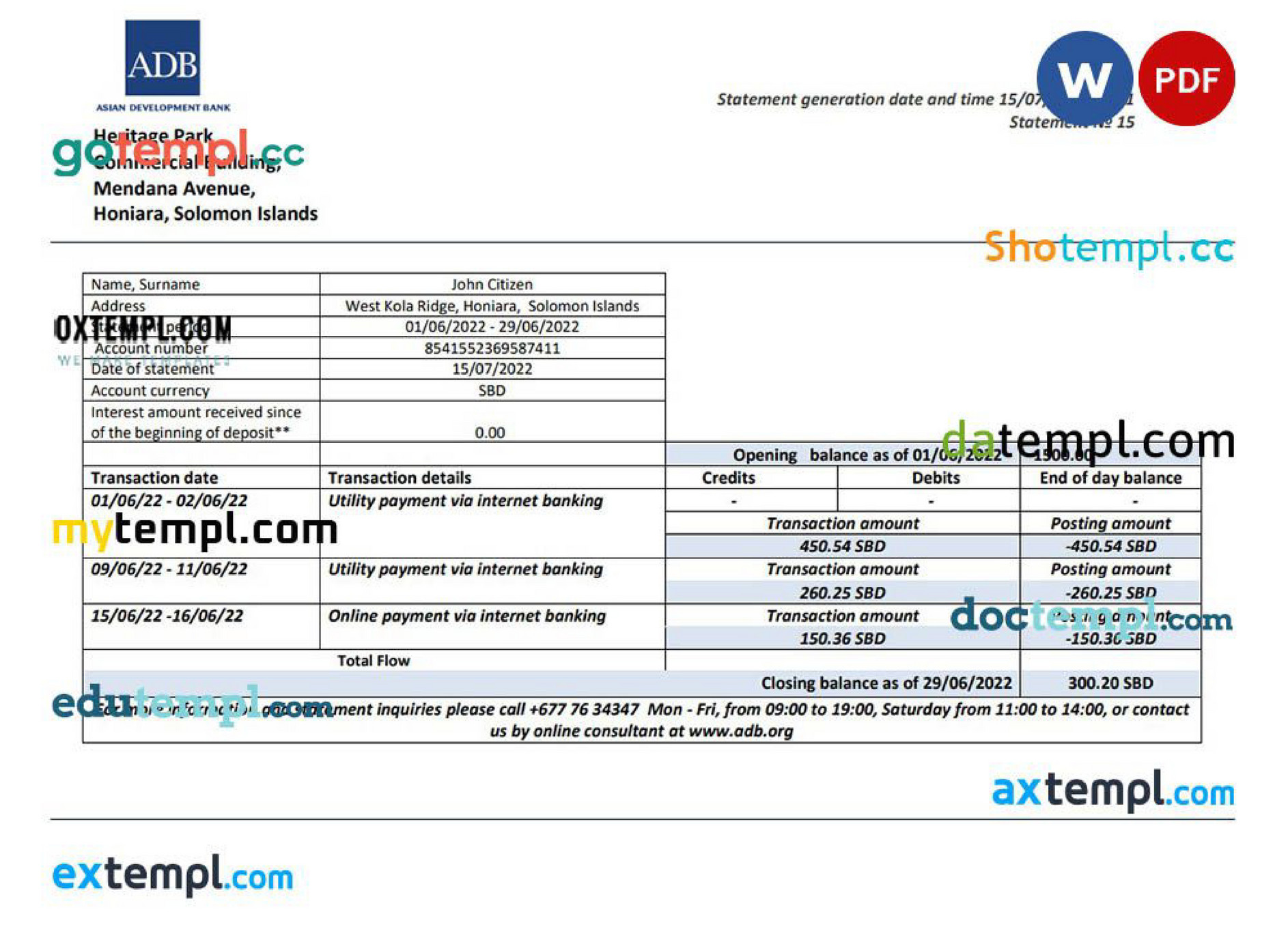 Doctempl - Solomon Islands ADB banking statement template in Word and PDF format - Page 1