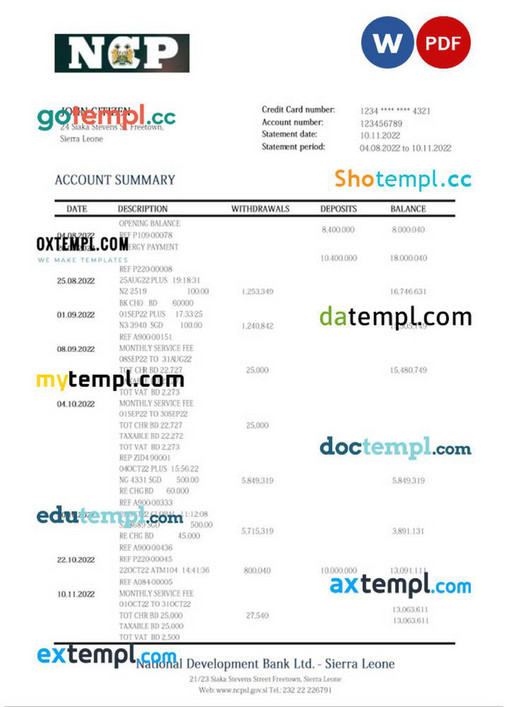 Doctempl - Sierra Leone National Development banking statement template in Word and PDF format ...