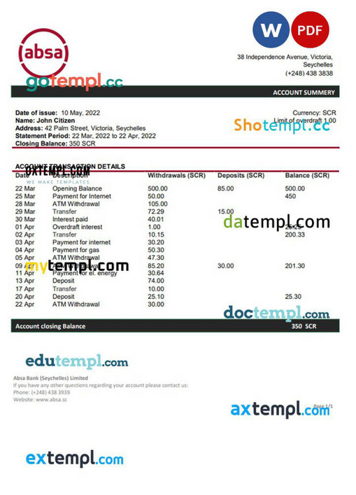 Doctempl - Seychelles ABSA banking statement template in Word and PDF ...